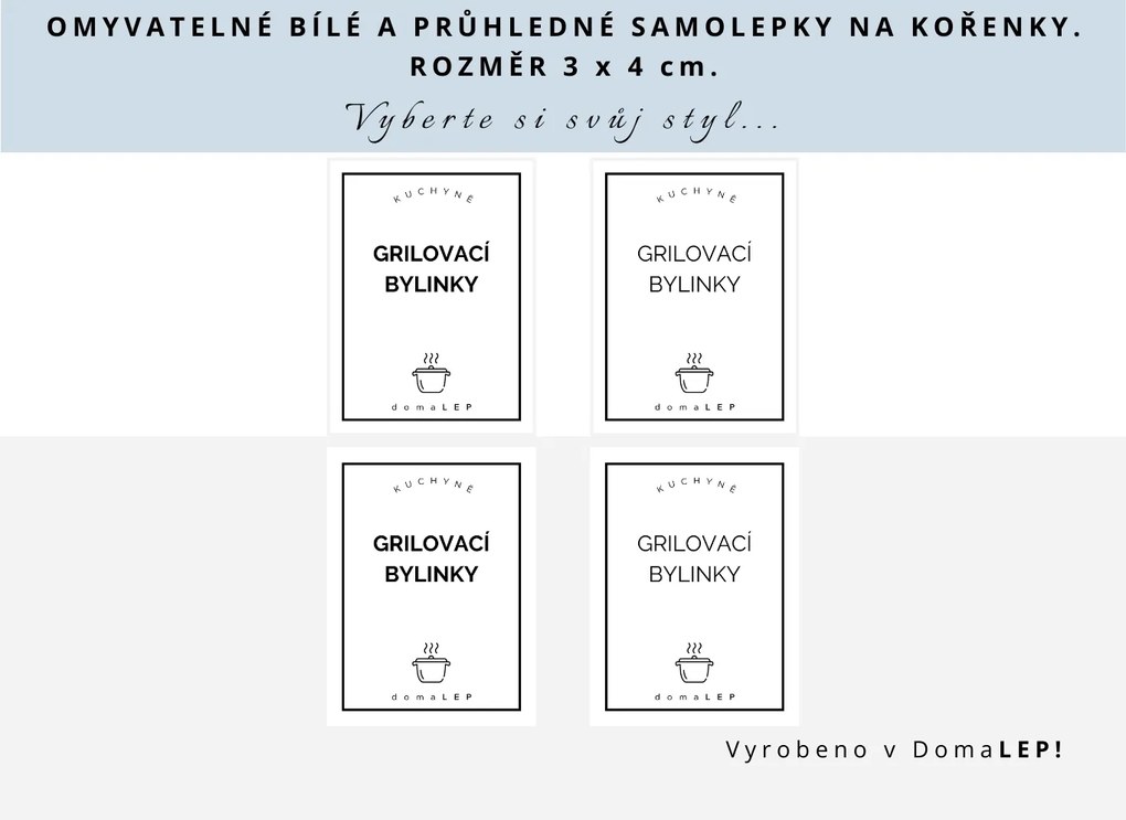 GRILOVACÍ BYLINKY - Samolepka na kořenky 3 x 4 cm - DomaLEP varianta: PRŮHLEDNÁ - základní písmo