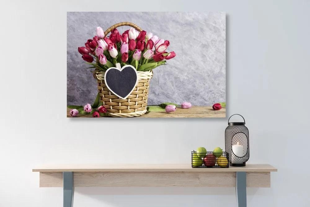 Obraz červené tulipány v dřevěném košíku - 120x80 cm