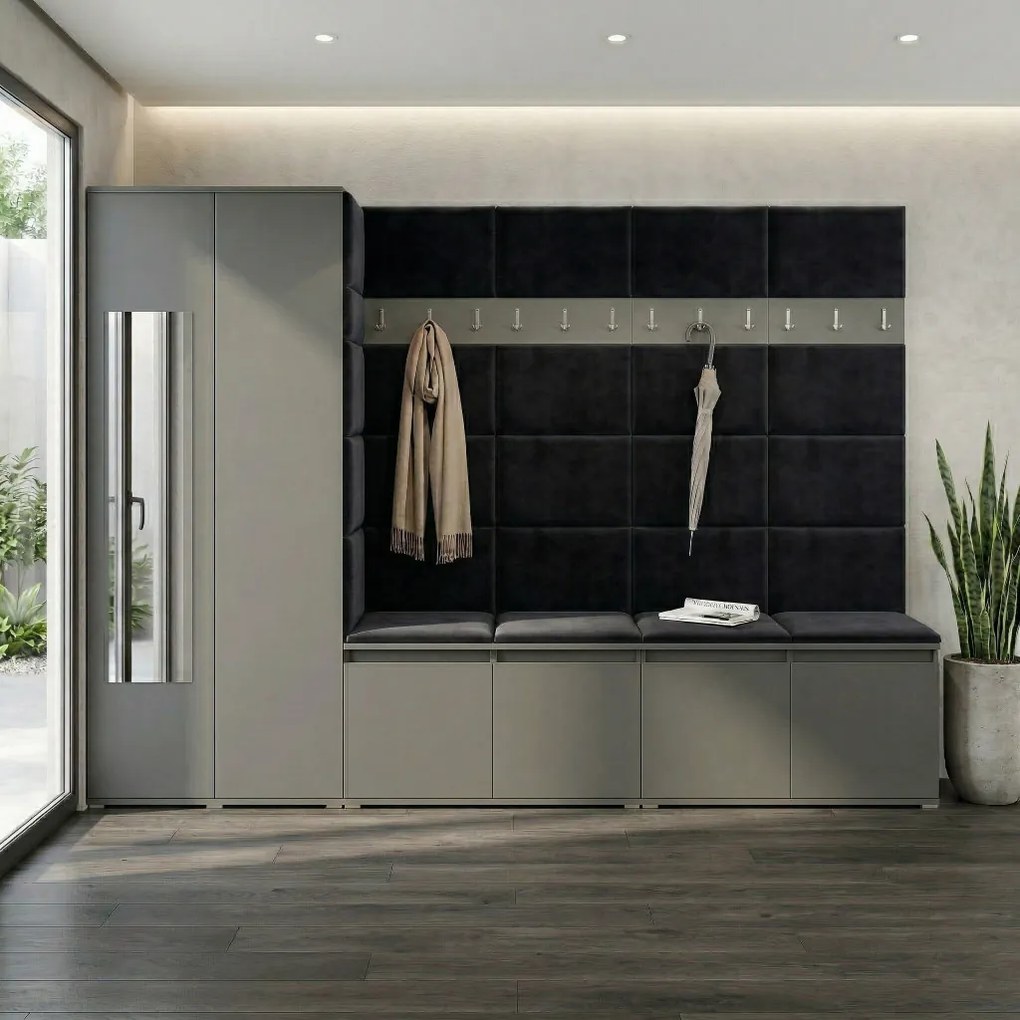 Předsíňová stěna Trinity 9 s čalouněnými panely, 290 cm, grafit/ černá