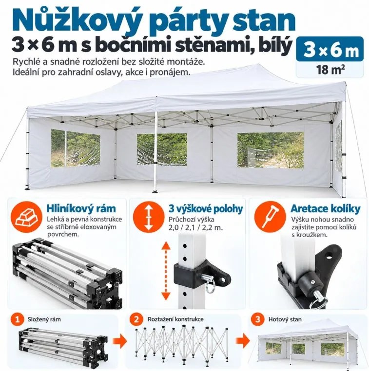 Nůžkový párty stan 3 × 6 m s bočními stěnami, bílý