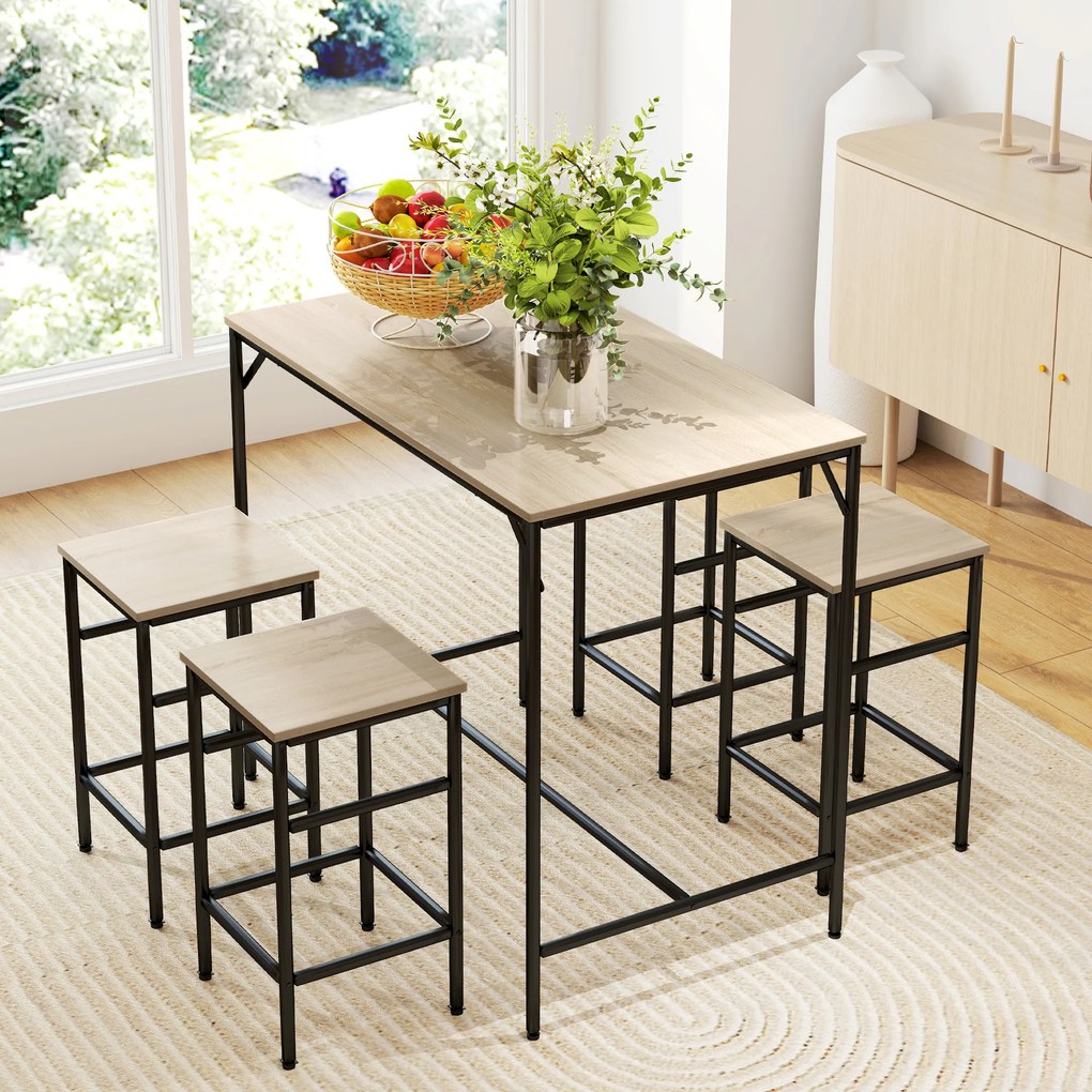HOMCOM Barový set 5dílný s vysokým stolem a 4 barovými židlemi, kuchyňská linka, jídelní set, ocelový dub černý 100x60x88cm