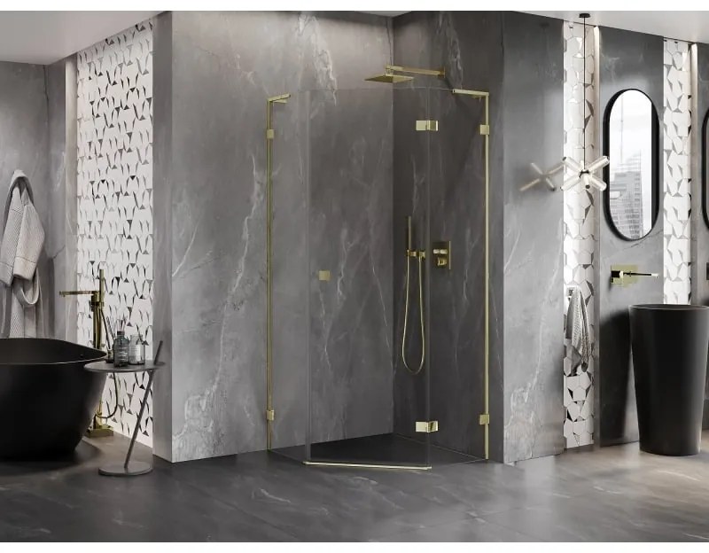 Mexen Lunar, L pravý výklopný pětiúhelníkový sprchový kout 100 x 100 cm, 8mm čiré sklo, zlatý profil, 831L-100P-100L-50-00-P