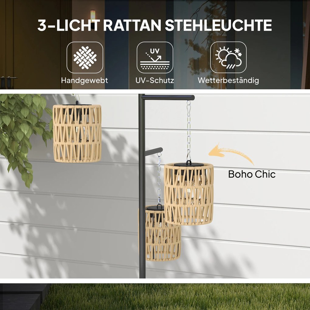 Solární stojací lampa Ratanové solární lampy se světelným senzorem 3 světla Automatické v boho stylu IP44 Odolné proti stříkající vodě