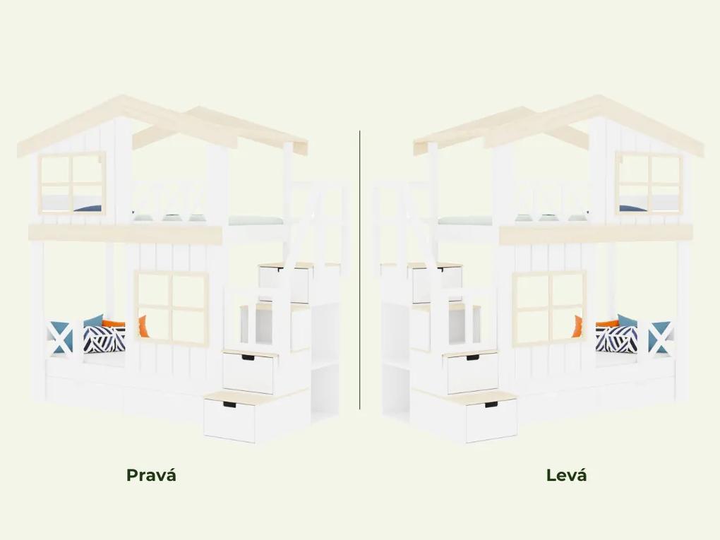 WoodPassion Domečková patrová postel SRUB s plotem a úložnými schody 90x200 cm Zvolte barvu: Bílá - Přírodní, Zvolte šuplík: Přistýlka 90x190 cm, Zvolte stranu: Vpravo