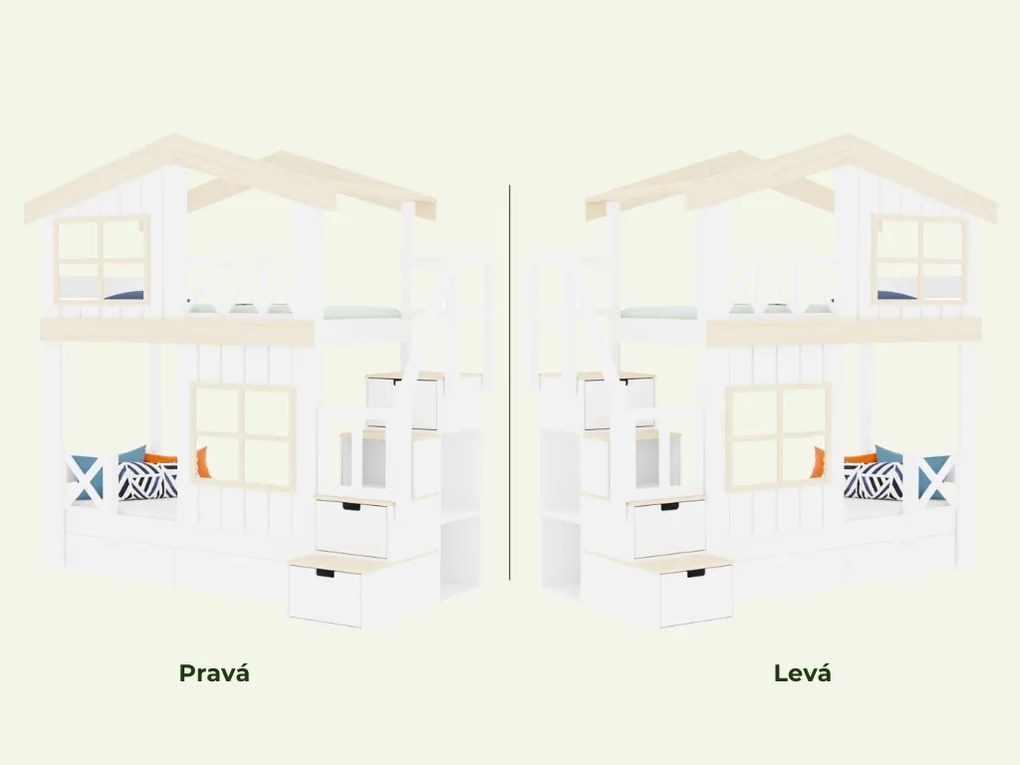 WoodPassion Domečková patrová postel SRUB s plotem a úložnými schody 90x200 cm Zvolte barvu: Bílá, Zvolte šuplík: Přistýlka 90x190 cm, Zvolte stranu: Vlevo