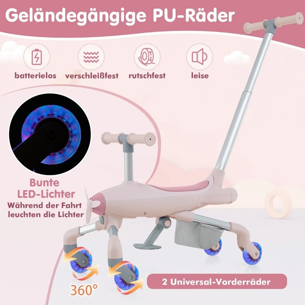 Costway 2-v-1 Push Car pro děti Motiv letadla Push Car s LED osvětlenými koly