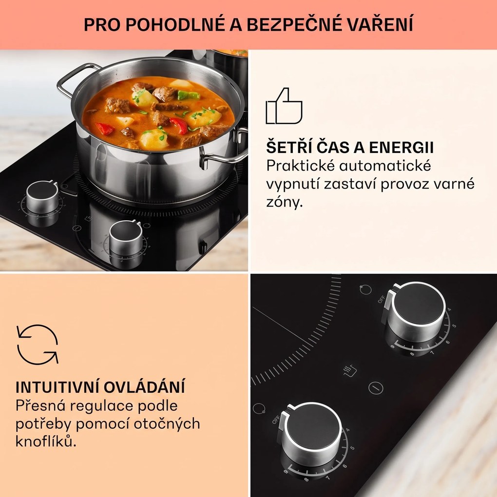 Klarstein Kochheld, indukční varná deska, 2900 W, 2 zóny, otočné regulátory, sklo, černá