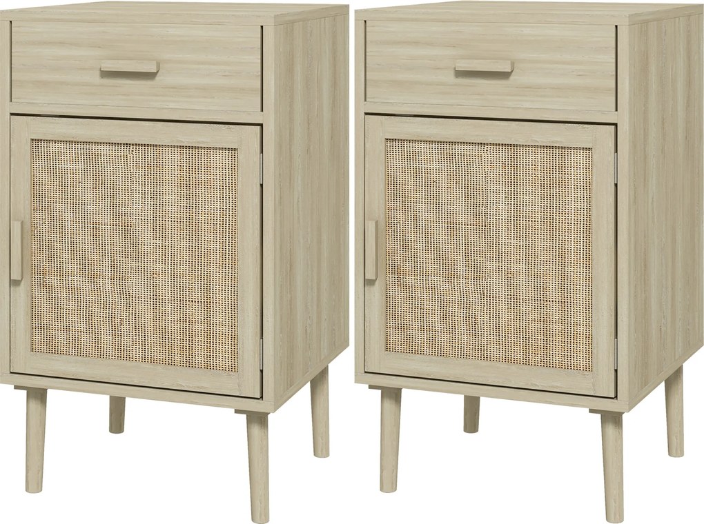 HOMCOM Set 2 nočních stolků s ratanovým šuplíkem a nastavitelnou policí do ložnice nebo obývacího pokoje 40x40x68,5 cm Dub