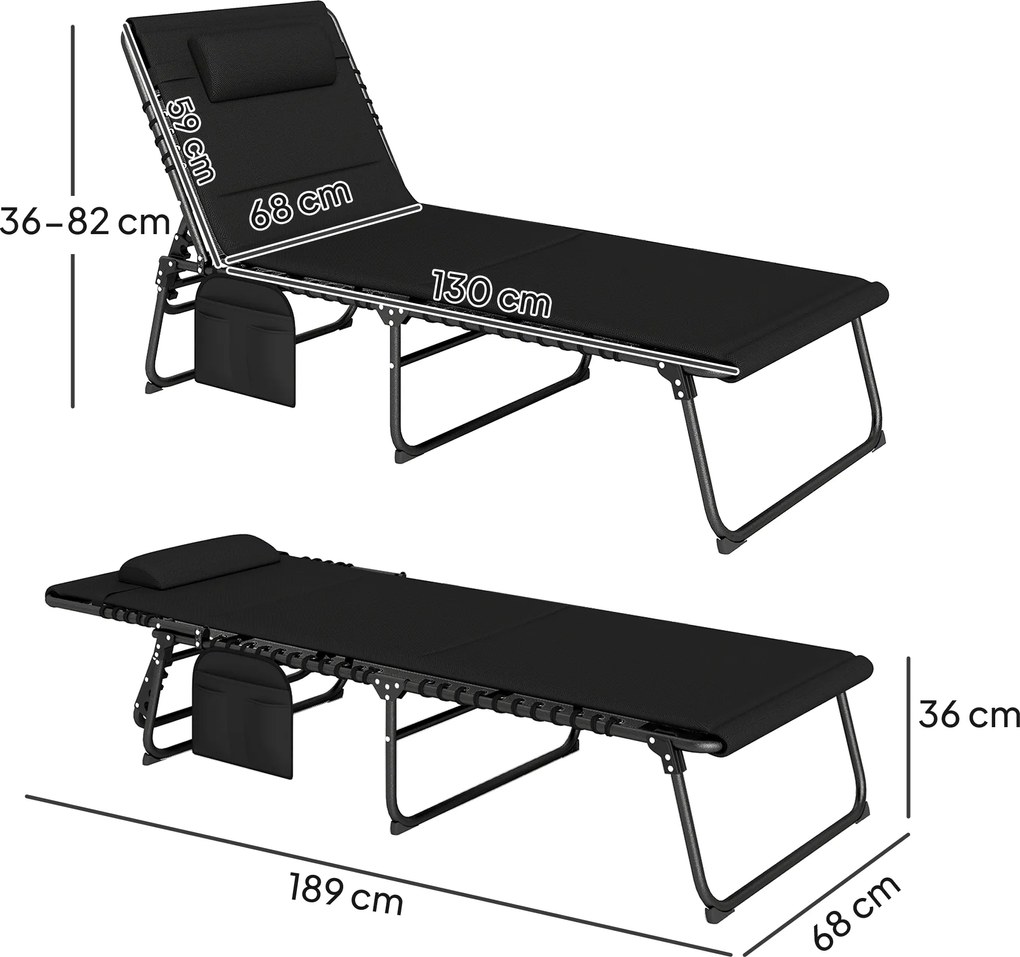 sada 2 skládacích lehátek Zahradní lehátko s polštářem pod hlavu 5polohové výškově nastavitelné opěradlo Boční kapsa Černá barva