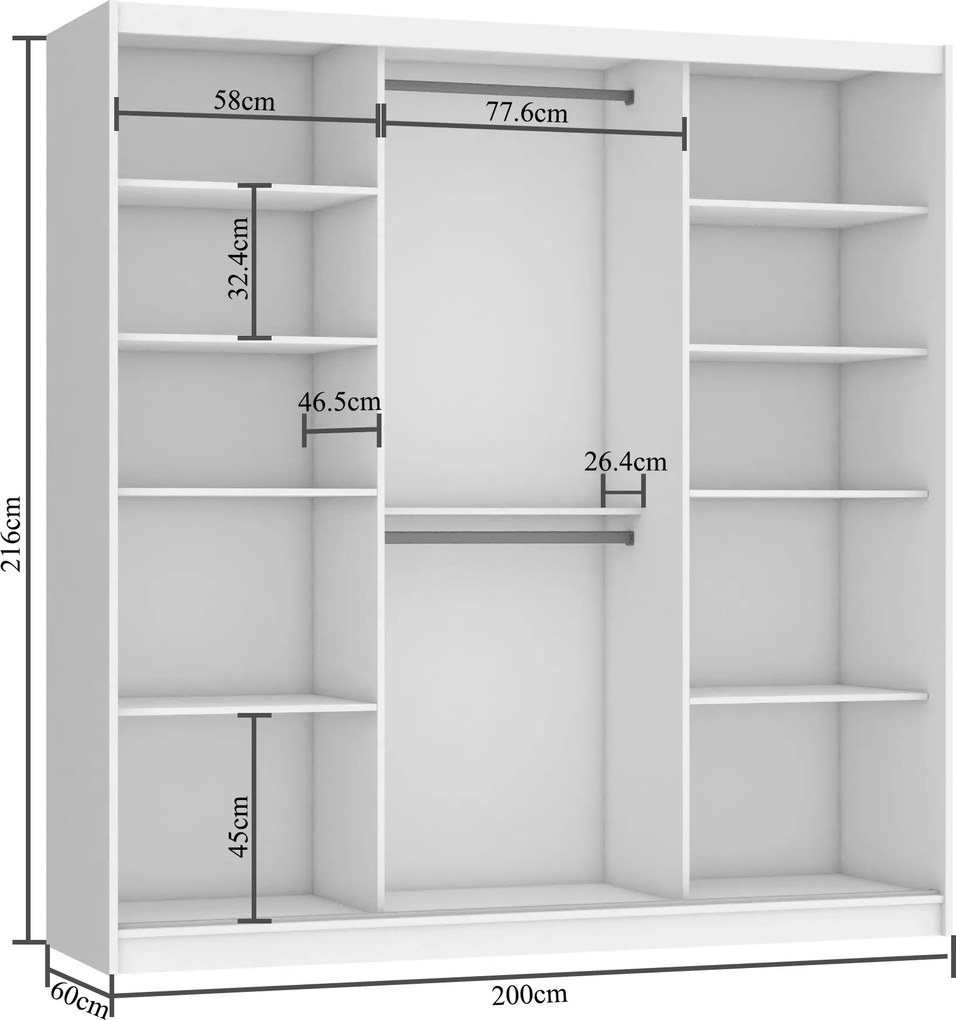 Šatní skříň s posuvnými dveřmi 200 cm PRIMO se zrcadlem černá eben tmavá  MES PRIMO SZP1/1/W/B/0/AL