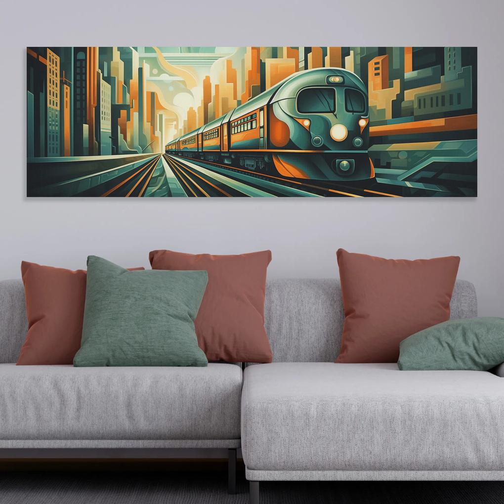 Obraz na plátně - 1960, Příměstský vlak projíždí městem, abstrakce FeelHappy.cz Velikost obrazu: 180 x 60 cm