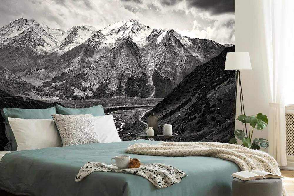 Tapeta krásné horské údolí v černobílém provední - 150x100 cm