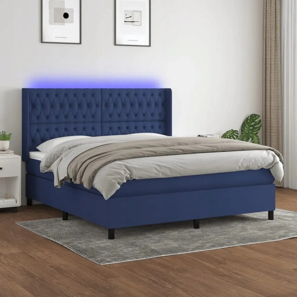 Box Spring Postel S Matrací A Led Textil Modrá Prošívaný design 180 x 200