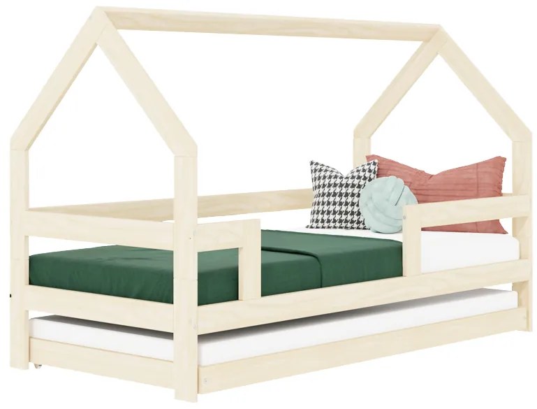 Benlemi Dětská dřevěná postel domeček SAFE 3v1 se zábranou a přistýlkou Zvolte barvu: Béžová, Zvolte rozměr: 90x200 cm, Zvolte zábranu: S otevřeným vstupem