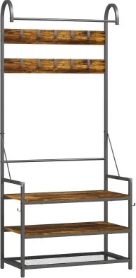 HOMCOM stojan na šaty s tyčí, 10 háčků, lavice a botník, ze dřeva a kovu, 80x40x182 cm, hnědá a černá