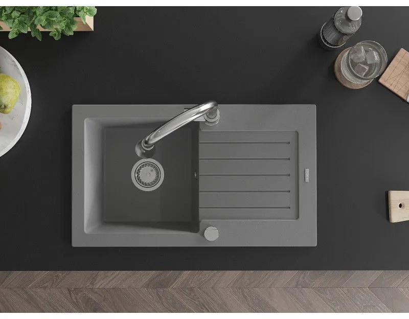 Mexen Pablo, 1-komorový granitový dřez 752x436x161 mm a dřezová baterie Elia, šedá, 6510-71-670101-00