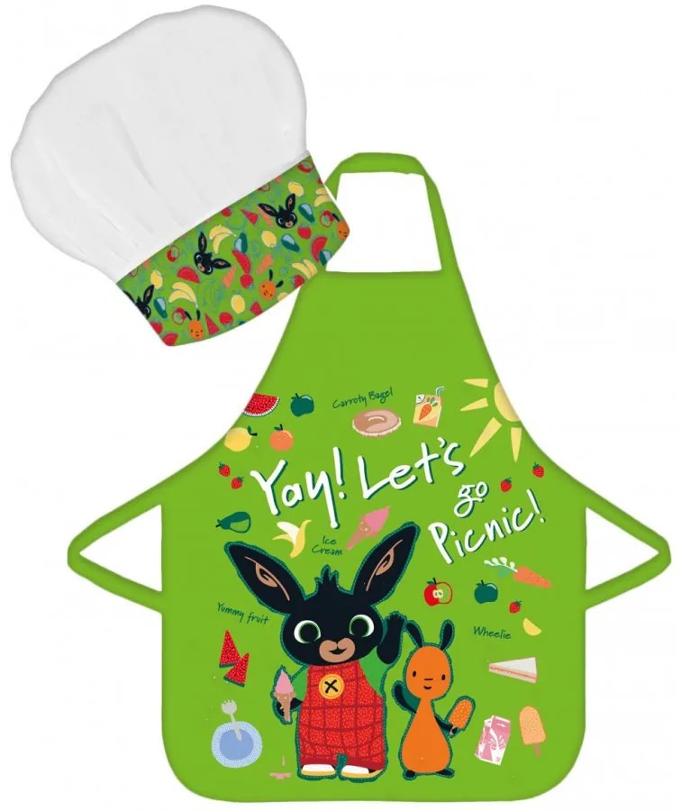Dětská zástěra s kuchařskou čepicí Zajíček Bing - motiv Let's Go Picnic! - 2 díly