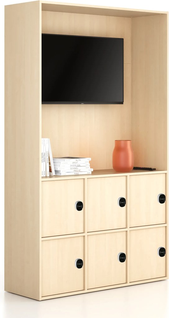 Kancelářská skříň FRAME, 6x dveře, prostor pro TV, 1299 x 450 x 2162 mm, RFID zámek, bříza