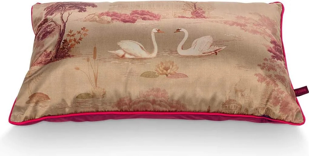 Pip Studio dekorační polštář Darjeeling Days 55 x 33 cm - růžový (Luxusní sametová polštář s motivem labutí)