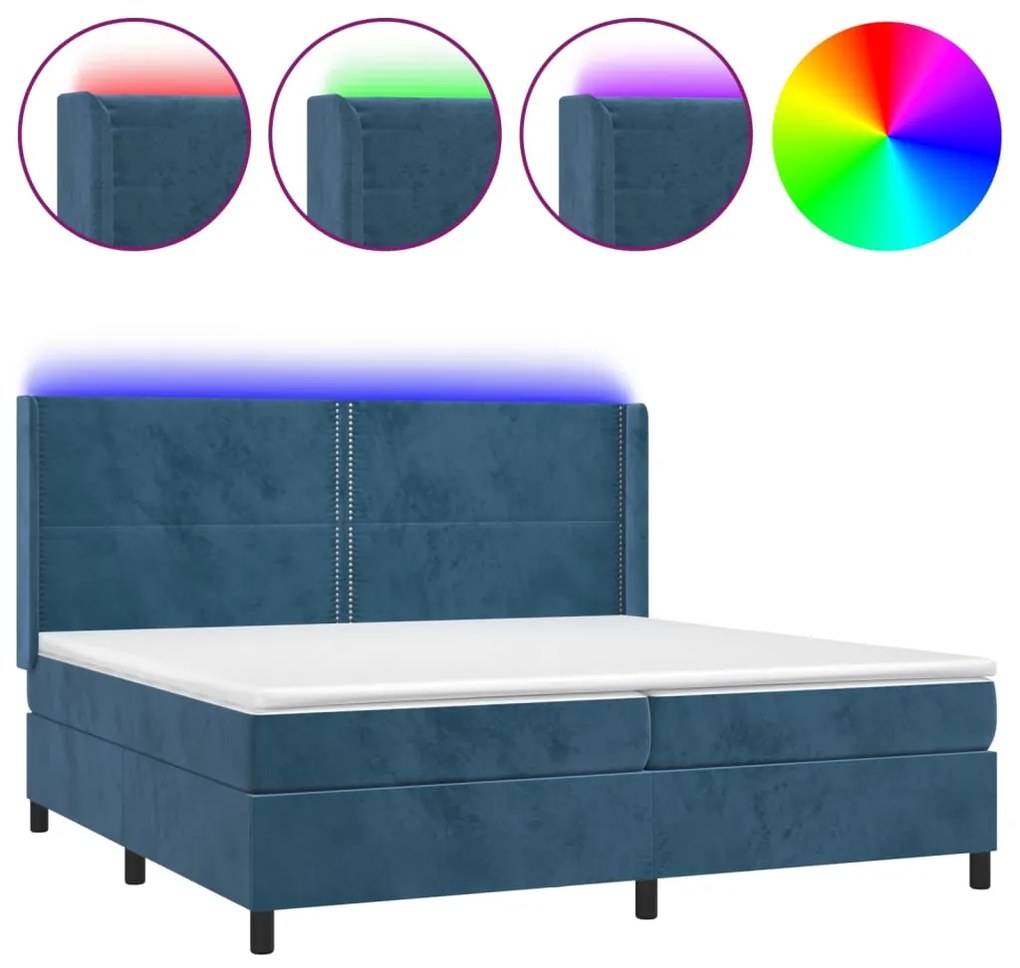 Box spring postel s matrací a LED tmavě modrá 200x200 cm samet,  3139527