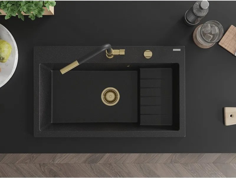 Mexen Omar, 1-komorový granitový dřez 800x480x210 mm, černá-stříbrná metalíza, zlatý sifon, 6520801005-73-G
