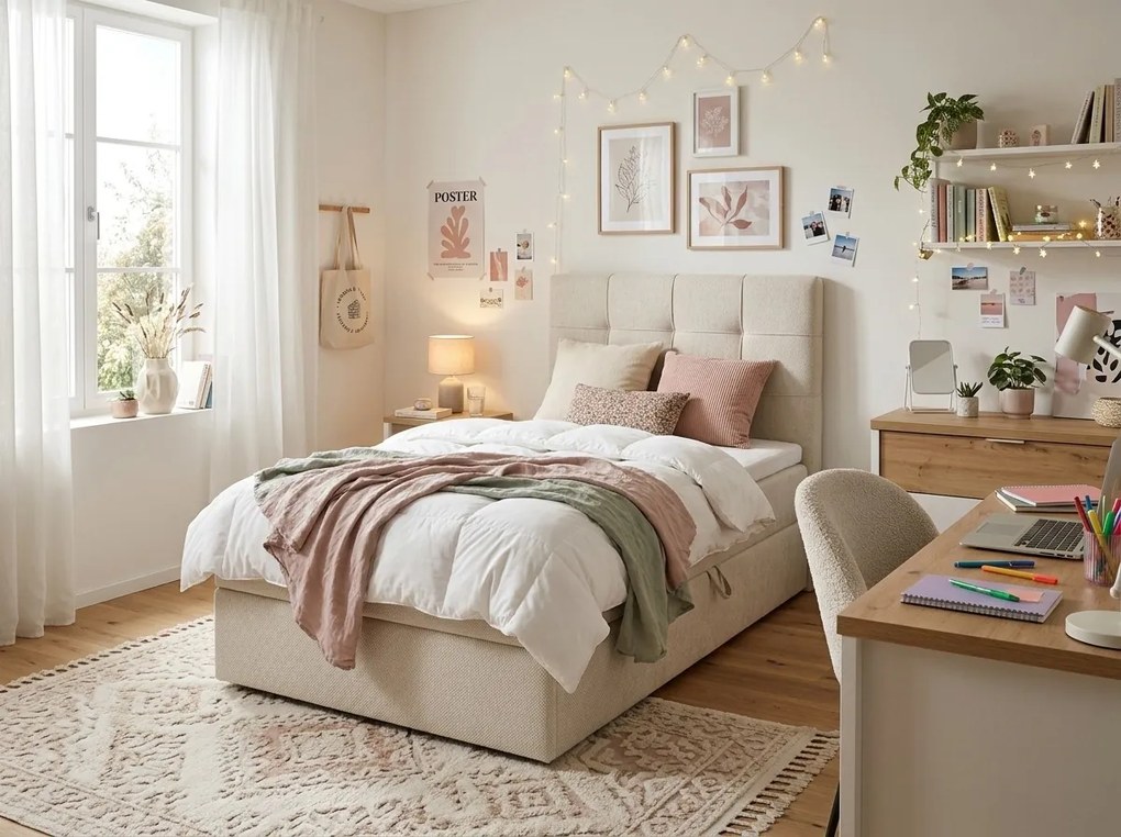 Čalouněná postel boxspring DIRELIS VIBE 90x200 cm krémová Matrace: Matrace Bonell pružinová