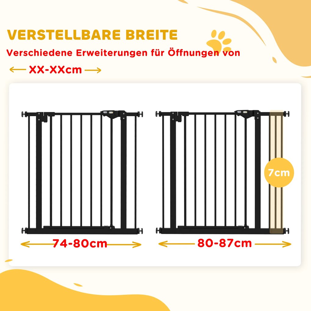 PawHut Ochranná brána pro schody s 7 cm prodloužením - Bez vrtání, brána pro šířky 74-87 cm, otočná na obě strany, kovová, černá