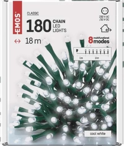 Vánoční osvětlení EMOS D4AC09 ZY2159 180LED řetěz 18m studená bílá 8 programů svícení