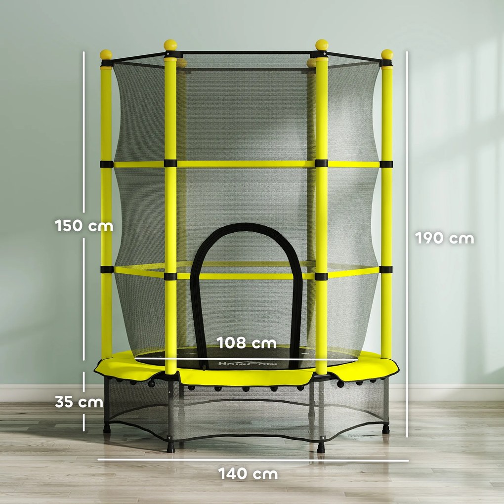 HOMCOM dětský trampolína Ø140 cm pro děti 3-10 let s bezpečnostní sítí, nosnost 50 kg, do interiéru i exteriéru, žlutá