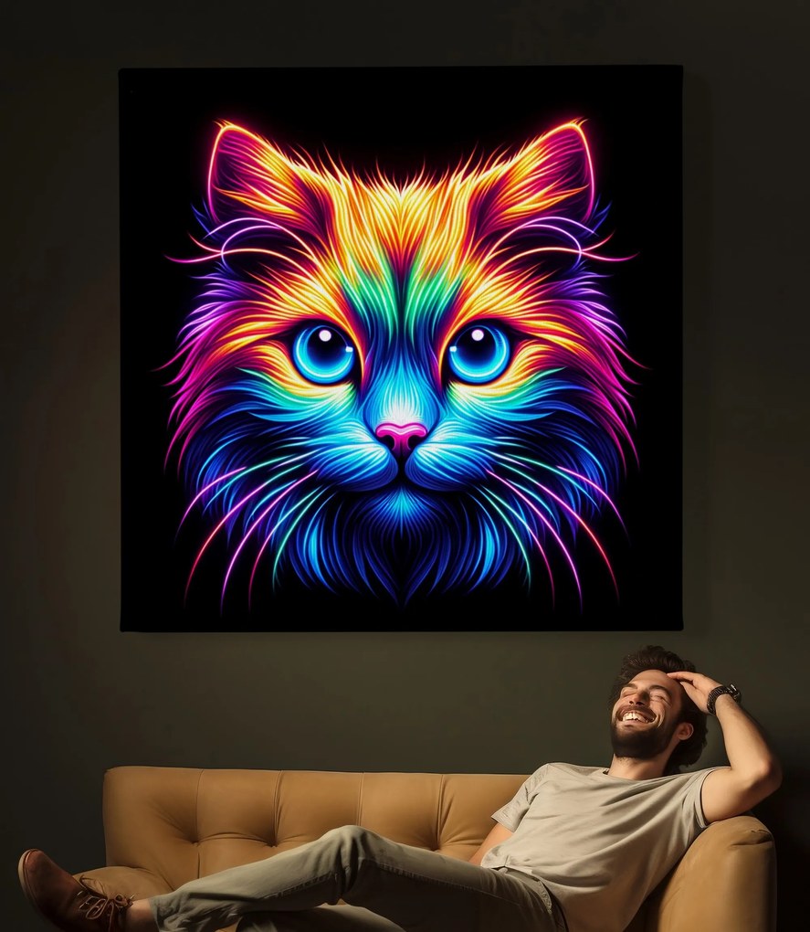 Obraz na plátně - Barevná neonová kočka FeelHappy.cz Velikost obrazu: 100 x 100 cm