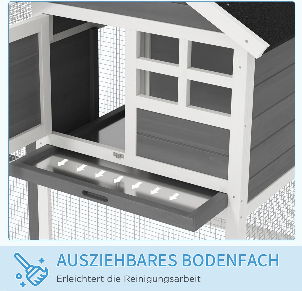 Klec pro králíky PawHut z borovicového dřeva 122 x 62,6 x 92 cm – vnitřní a venkovní, s odnímatelným dnem a rampou, šedá + černá + bílá