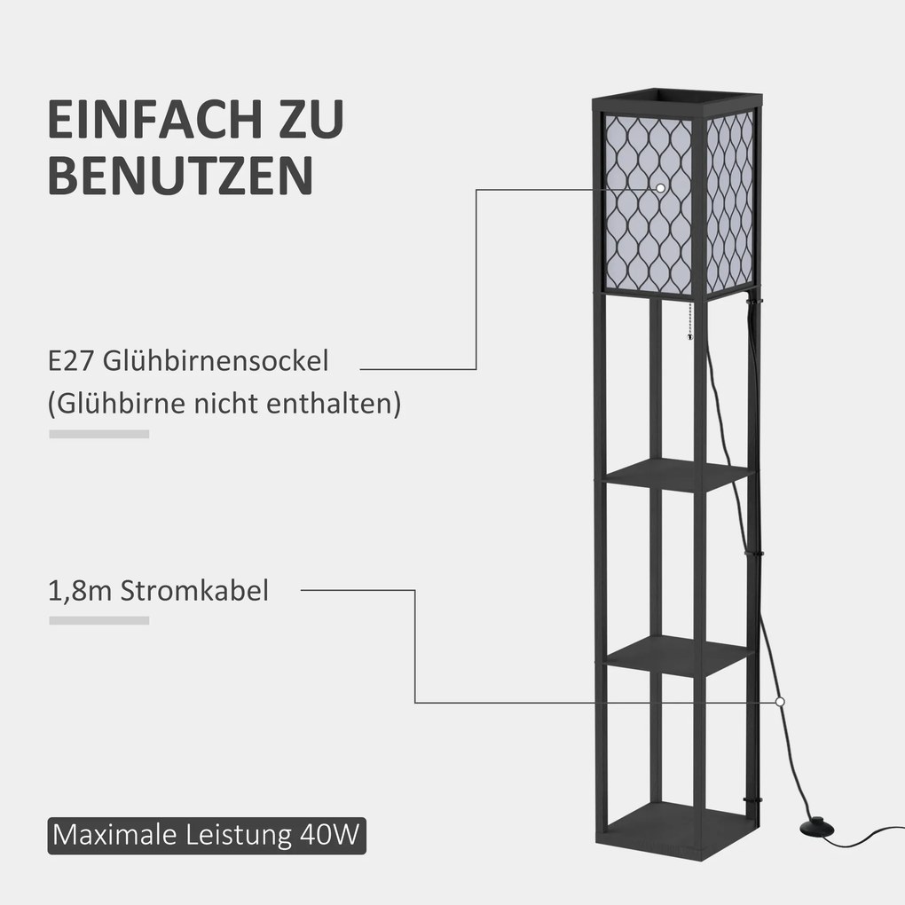HOMCOM Stojací lampa s policemi Stojací lampa, interiérové osvětlení, E27, do 40W, do obývacího pokoje/ložnice, dřevo, černá, 26x26x160 cm