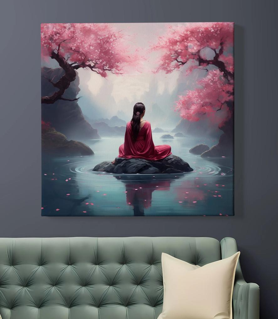 Obraz na plátně - Meditace, žena v červených šatech na ostrůvku FeelHappy.cz Velikost obrazu: 140 x 140 cm