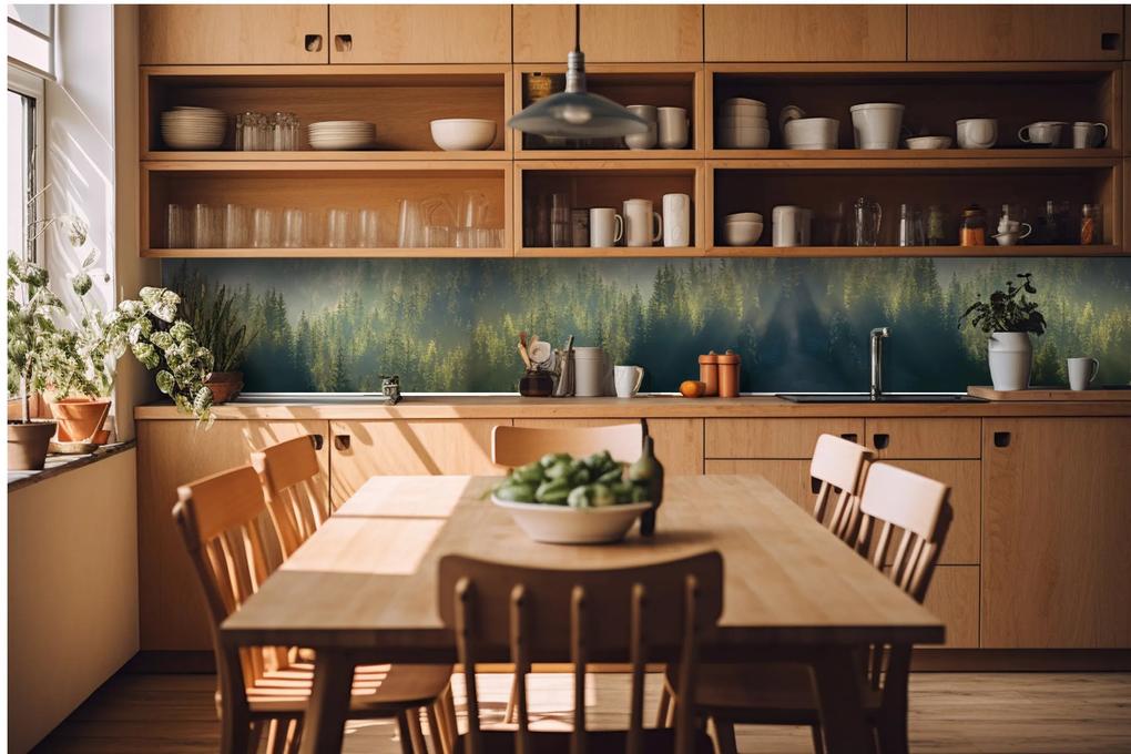 DIMEX | Fototapeta do kuchyně Zamlžený les KI-420-194 | 420 x 60 cm | zelená, černá, šedá