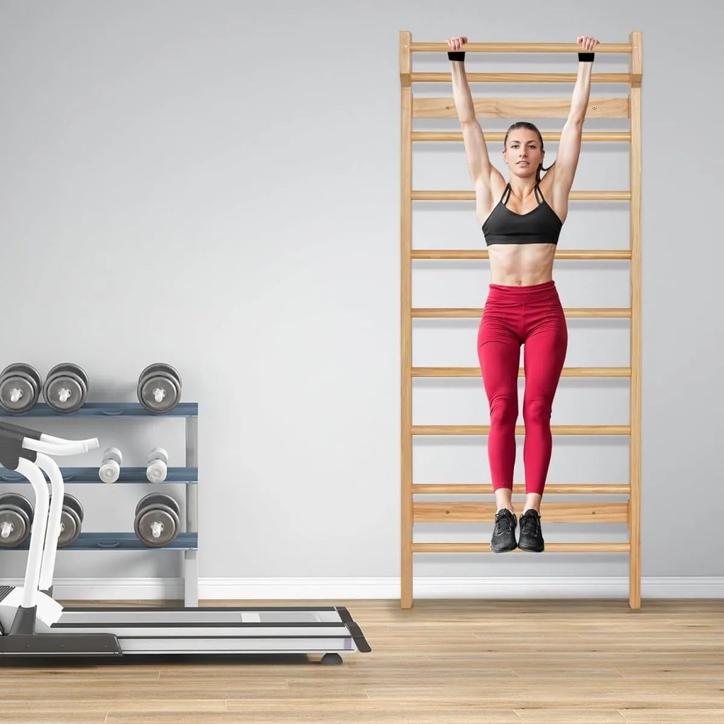 Costway Dřevěné hrazdy se stahovací tyčí a 10 příčky lezecká stěna 150 kg odolná