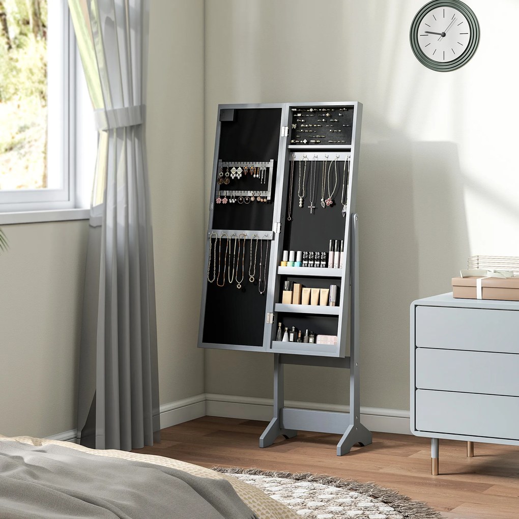 HOMCOM Šperkové zrcadlo s LED – stojací skříňka, nastavitelný celozrcadlový stojan, šedá