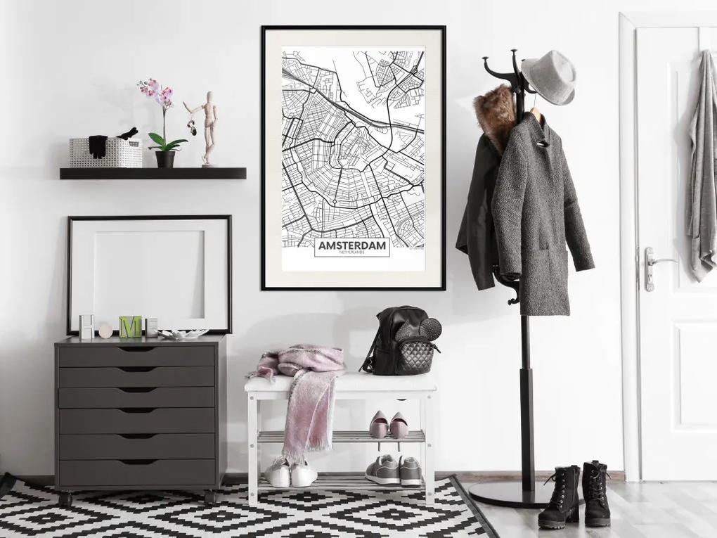 Plakát Mapa Amsterdamu - černobílá mapa města s anglickými popisky