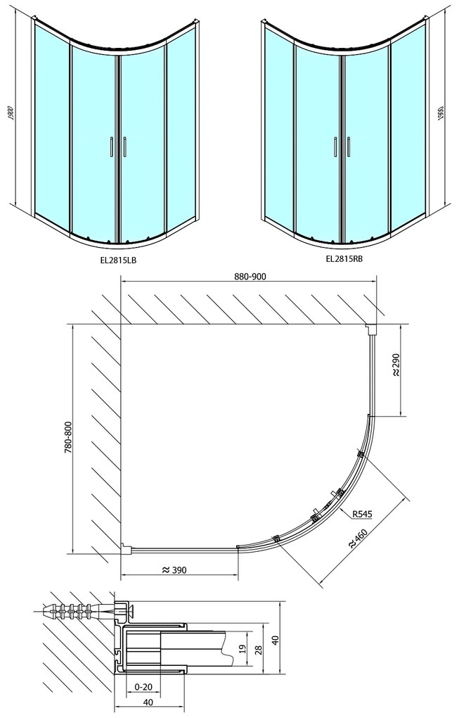 Polysan Polysan, EASY BLACK čtvrtkruhová sprchová zástěna 900x800mm, L/R, číré sklo, EL2815B