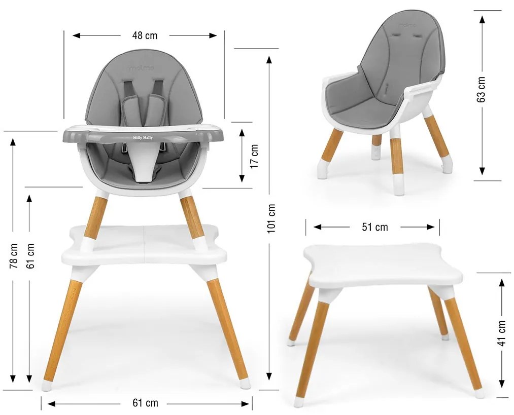 Jídelní židlička Milly Mally 2v1 Malmo grey