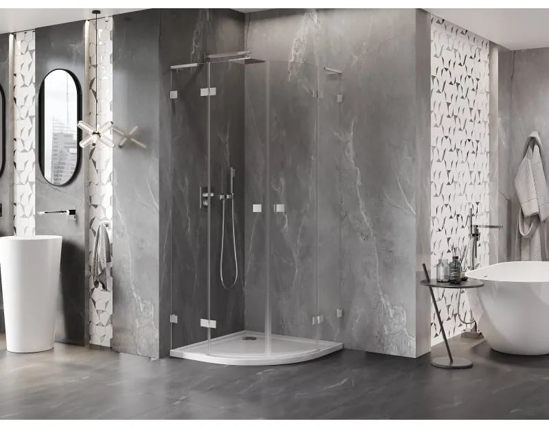 Mexen Lunar, L půlkruhový výklopný sprchový kout 90 x 90 cm, 8mm čiré sklo, ocelový profil, 833L-090L-090P-97-00