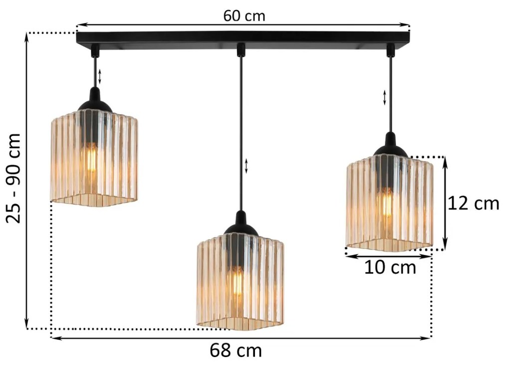 Závěsné svítidlo Riffle Square, 3x medové skleněné stínítko, b