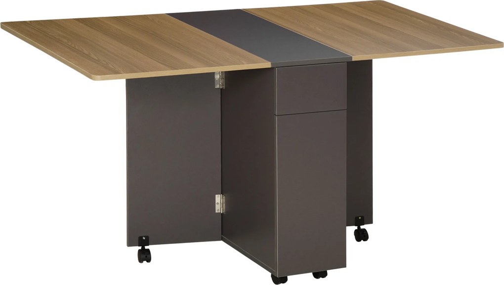 HOMCOM Skládací jídelní stůl na kolečkách se skřínkou a 2 šuplíky 76 x 140 x 74 cm šedý a přírodní dřevo | Aosom