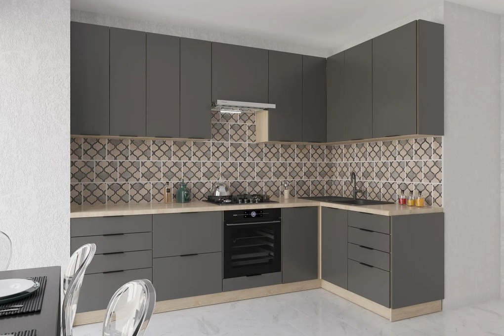 Rohová kuchyňská linka 280x140 KROFT R2N grafit/dub sonoma