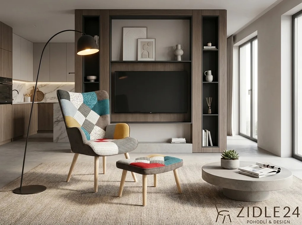 Relaxační křeslo ušák LYRO - patchwork látka