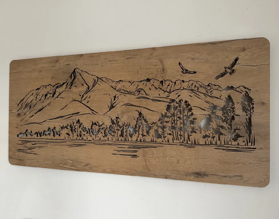 Li-Go "Hory s ptáky" světelný obraz s baterií 110x50cm varianta ovládání: ovládání na obraze včetně dálkového ovladače, provedení povrchu: dub