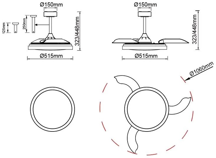 Mantra Mistral, rozvinovací ventilátor se svítidlem a dálk. ovladačem, LED 50W 3000-6500K, černá, průměr 51/106cm