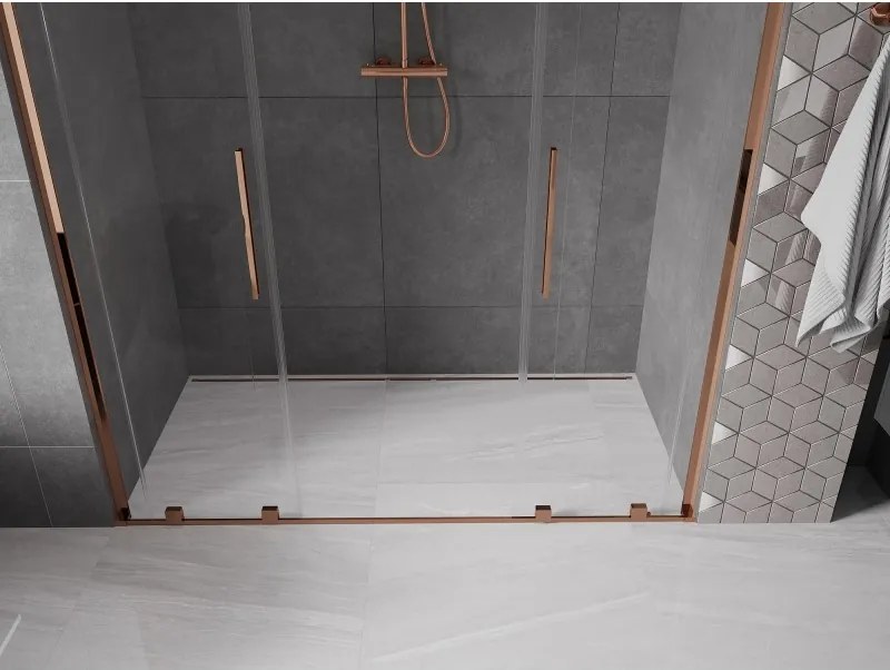 Mexen Velar L Duo, posuvné sprchové dveře do otvoru 200 cm, 8mm čiré sklo, růžové zlato, 871-200-003-02-60
