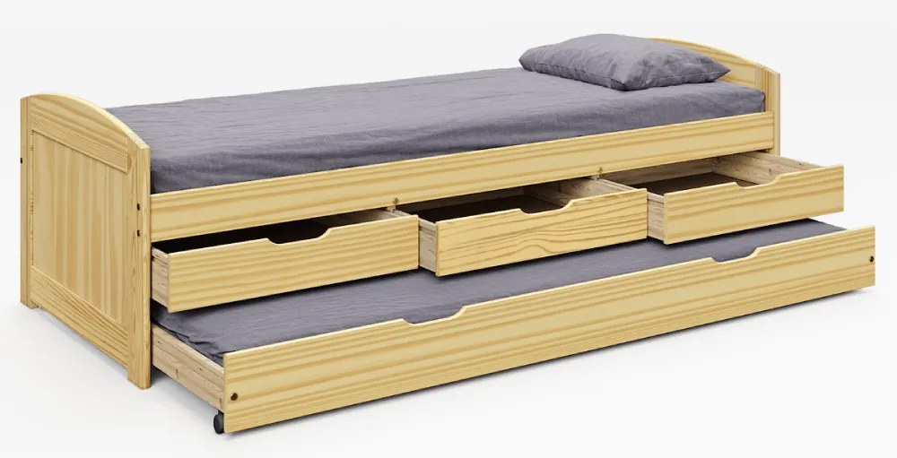 Postel s výsuvnou přistýlkou, přírodní, masiv, 90x200, MARINELLA NEW