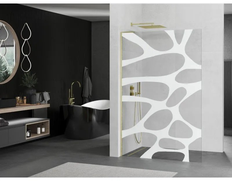 Mexen Kioto L, sprchová zástěna Walk-In 90 x 200 cm, 8mm čiré sklo bílý vzor, ​​zlatý matný profil, 800-090-103-55-97