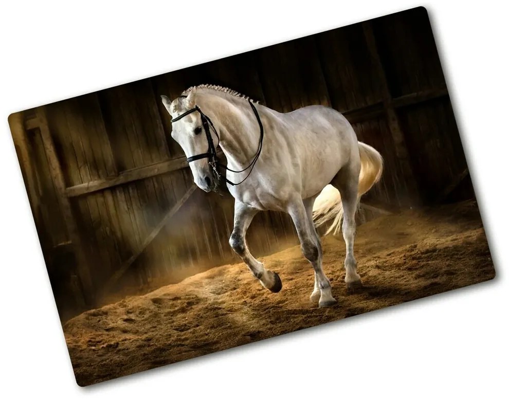 Wallmuralia Kuchyňská deska skleněná Bílý kůň ve stáji 80x52 cm